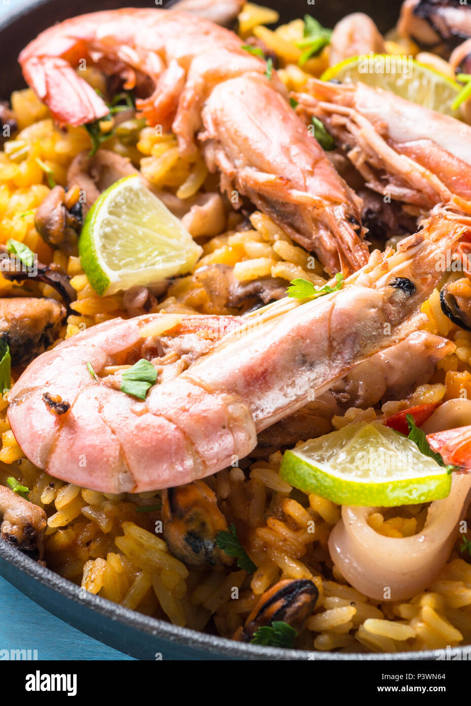 Seafood paella with shrimps, mussel and octopus. Traditional spanish ...