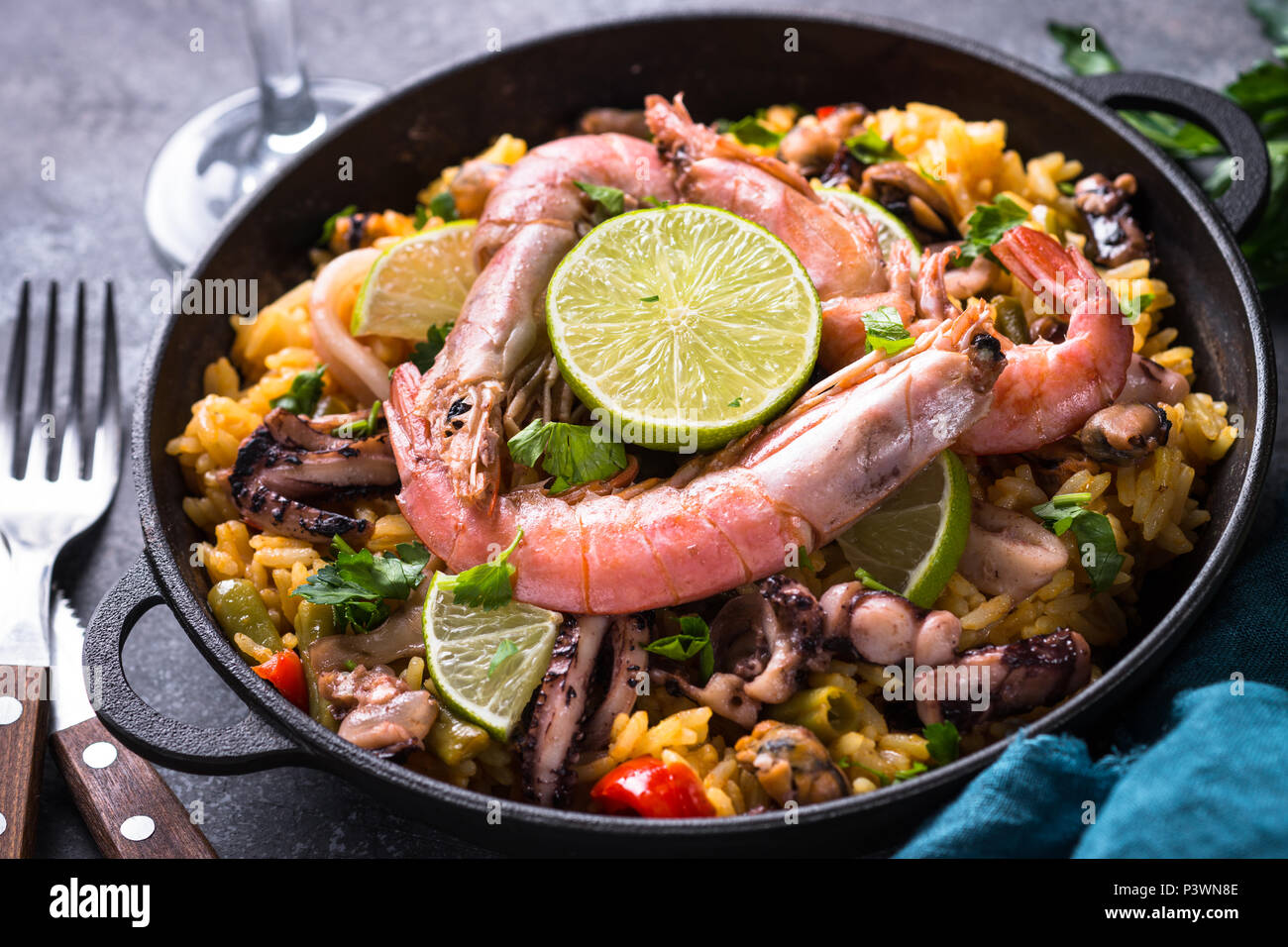 Seafood paella. Traditional spanish dish, european cuisine. Close up ...