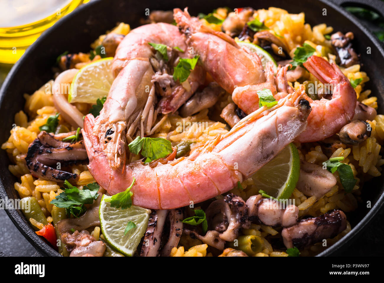 Seafood paella. Traditional spanish dish, european cuisine. Close up ...