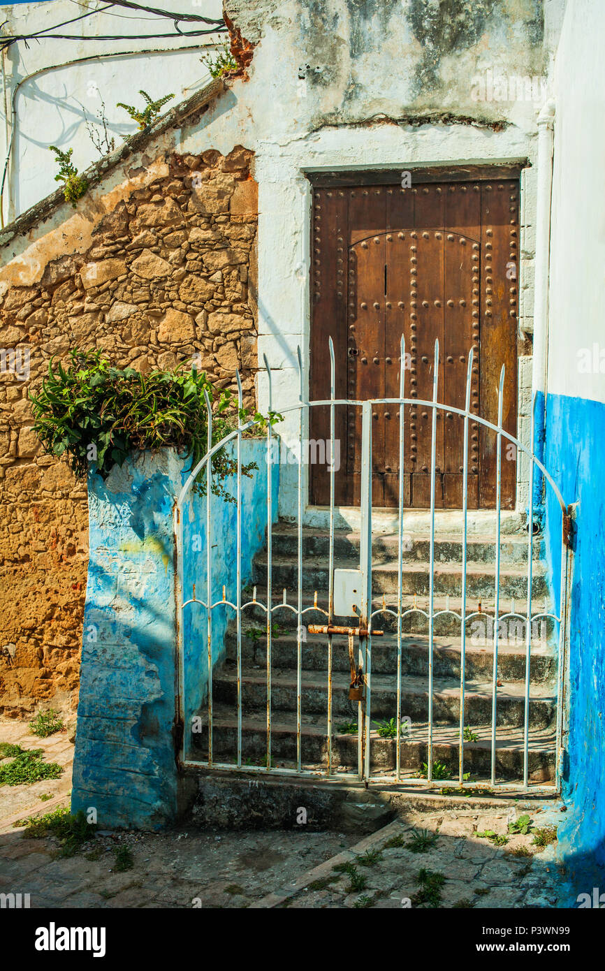 Colorful entrance of house with plants in the medina of Rabat, Morocco ...