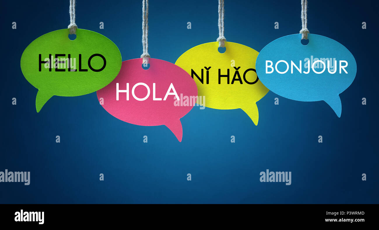 Foreign language colorful communication speech bubbles hanging from a ...