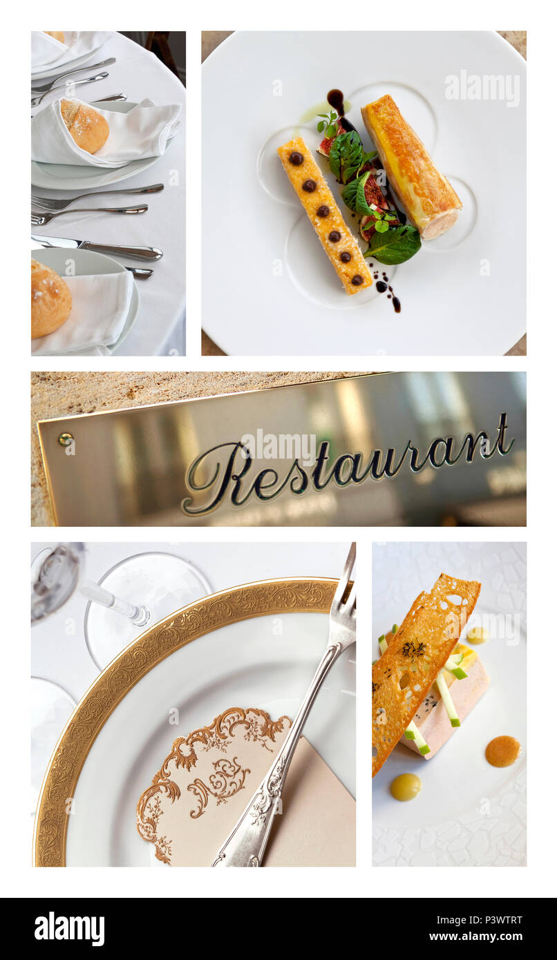 Collage of table sets and meals in a luxury restaurant Stock Photo - Alamy