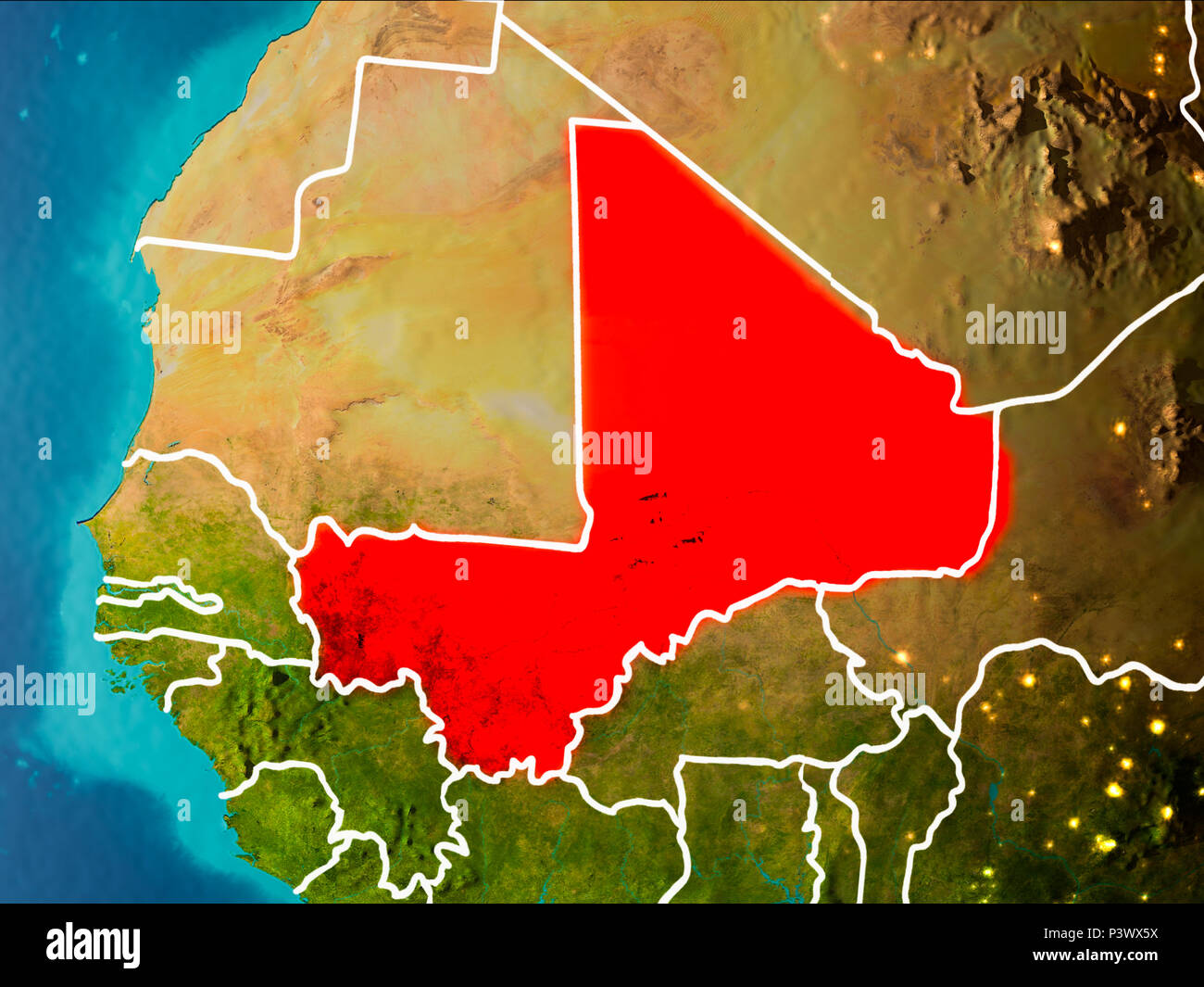 Mali in the morning highlighted in red on planet Earth with visible ...