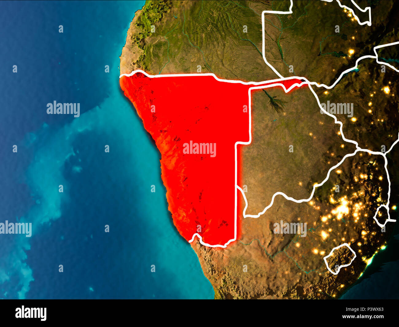 Namibia in the morning highlighted in red on planet Earth with visible ...