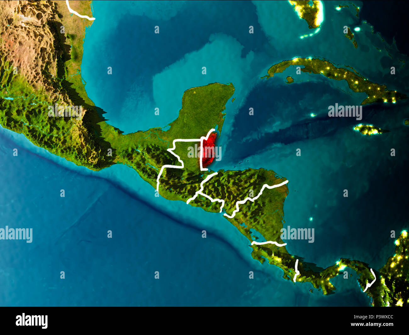 Belize in the morning highlighted in red on planet Earth with visible ...