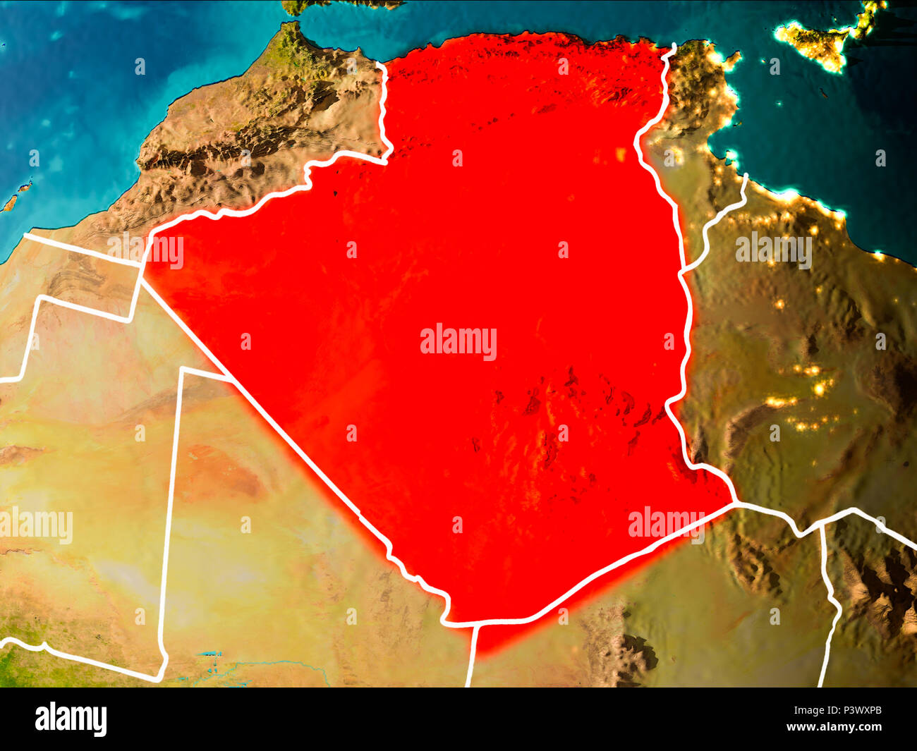 Algeria in the morning highlighted in red on planet Earth with visible ...