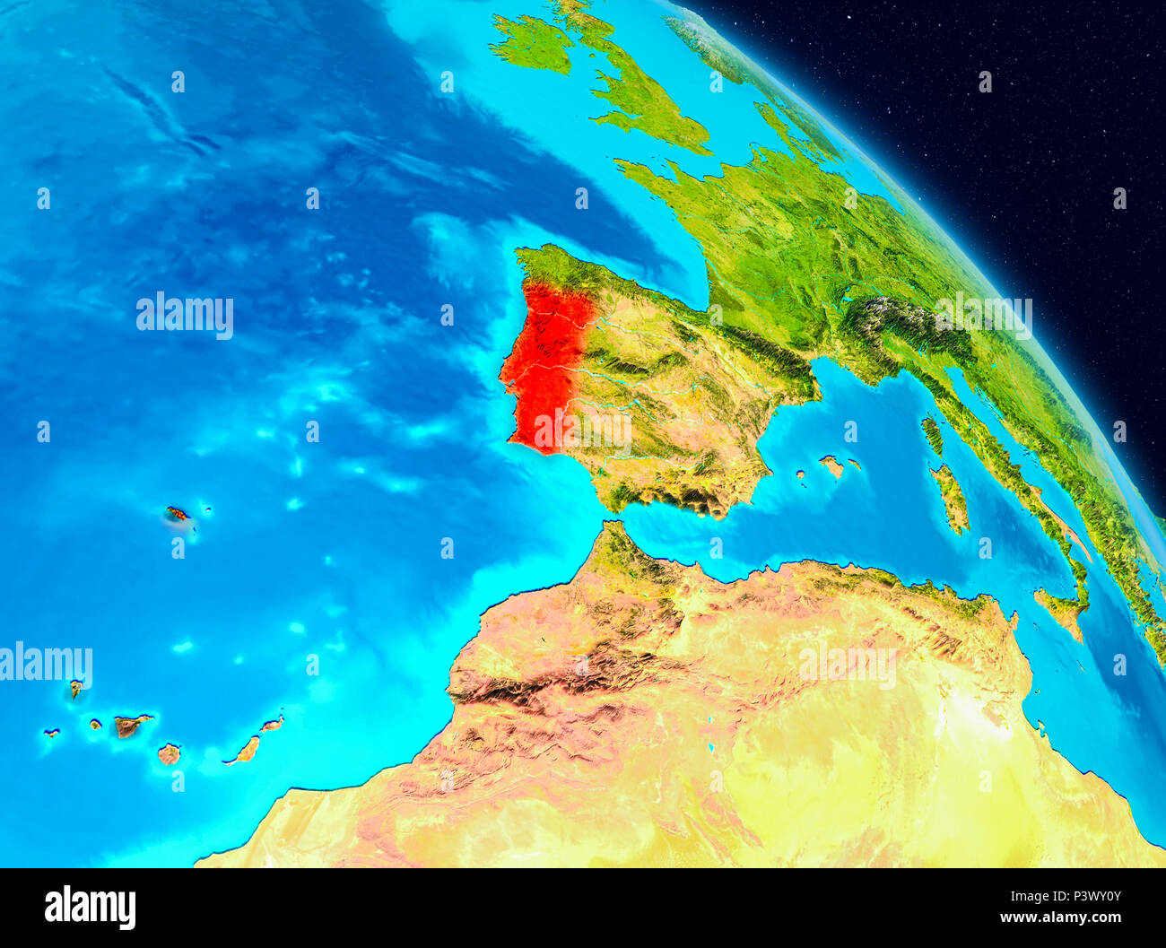 Space view of Portugal highlighted in red on planet Earth. 3D ...