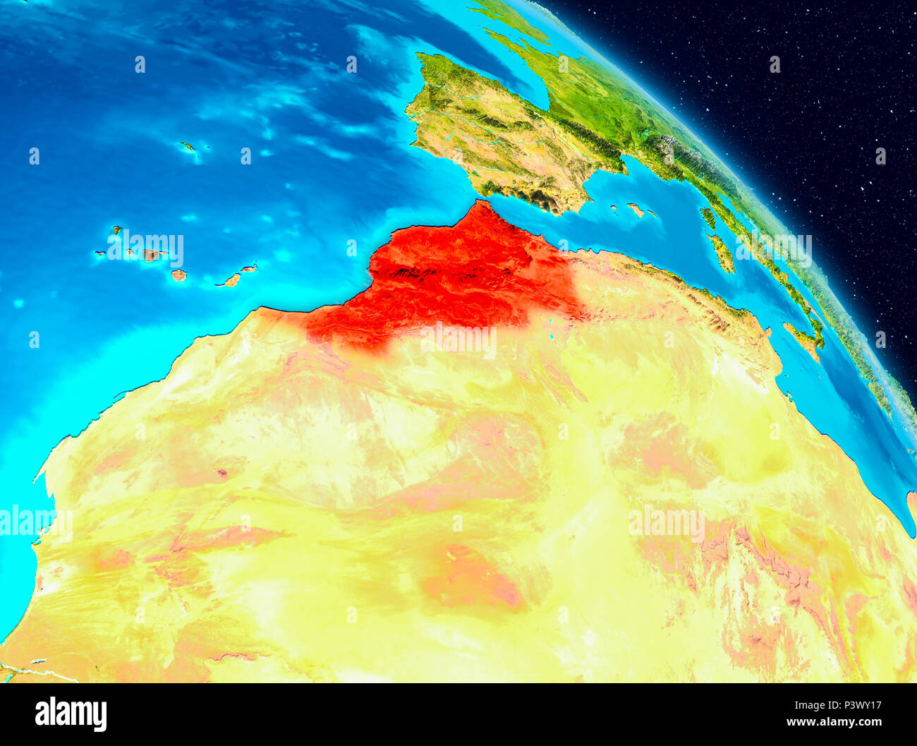 Space view of Morocco highlighted in red on planet Earth. 3D ...