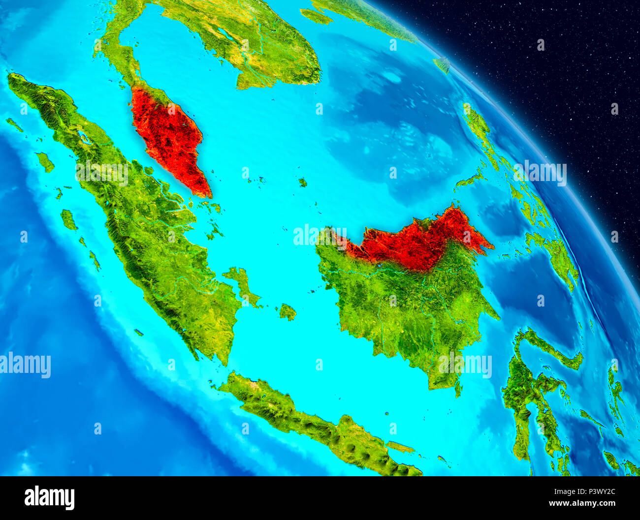 Space view of Malaysia highlighted in red on planet Earth. 3D ...