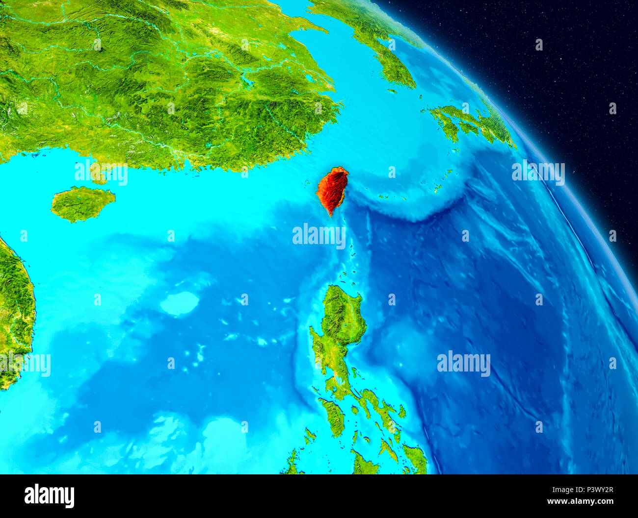 Space view of Taiwan highlighted in red on planet Earth. 3D ...