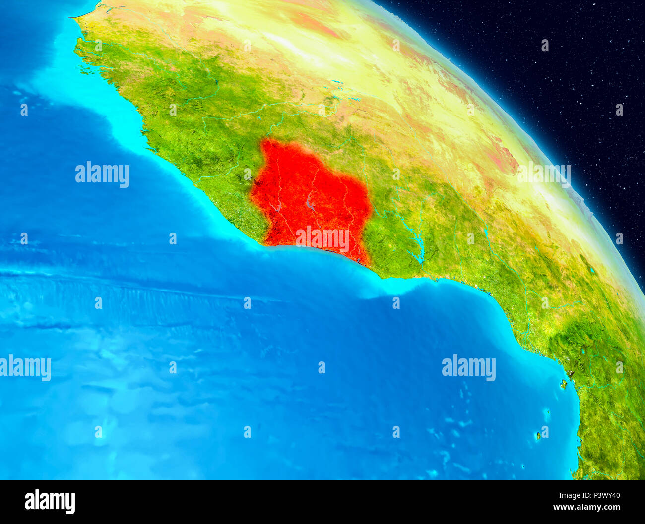 Space view of Ivory Coast highlighted in red on planet Earth. 3D ...