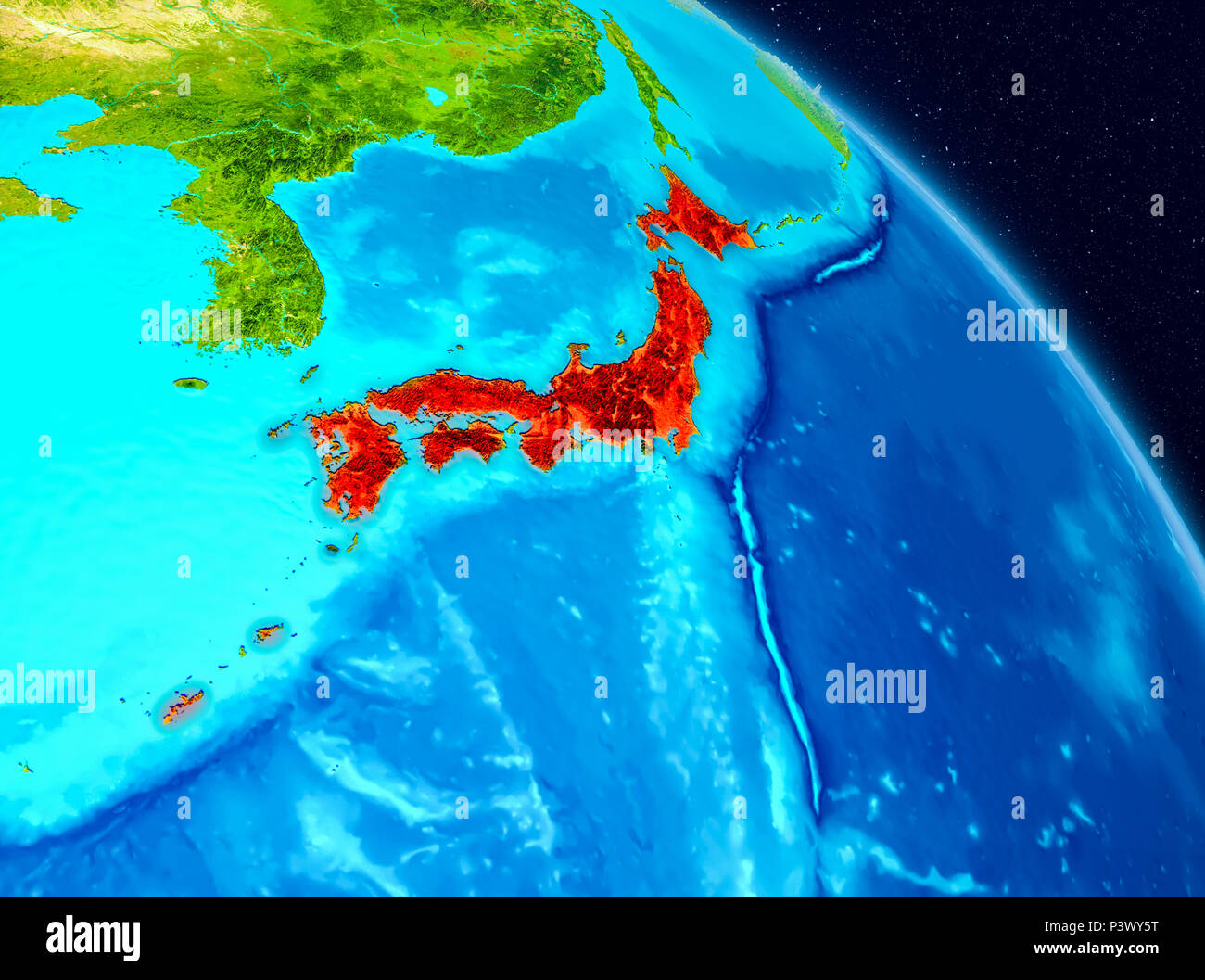 Space view of Japan highlighted in red on planet Earth. 3D illustration ...