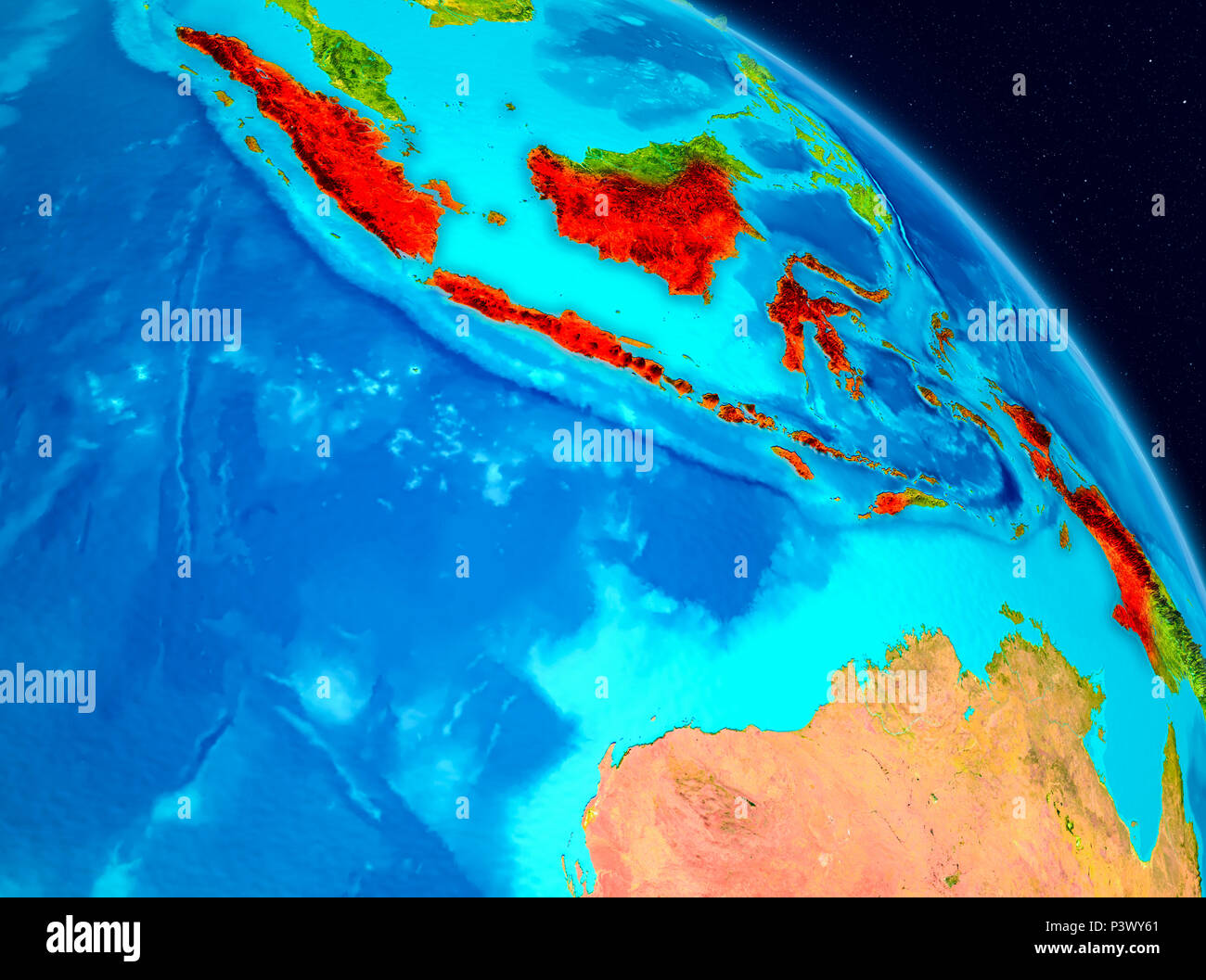 Space view of Indonesia highlighted in red on planet Earth. 3D ...