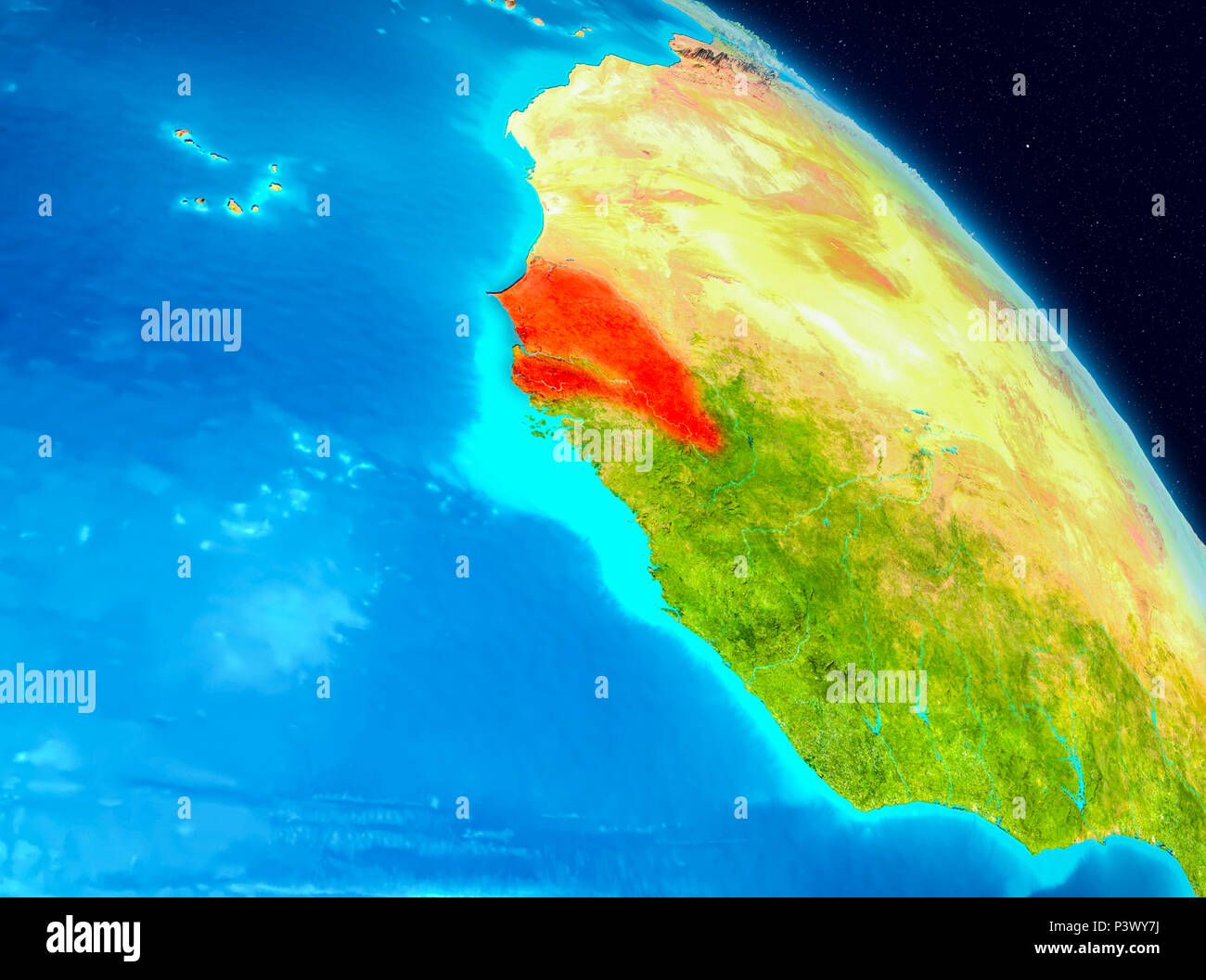 Space view of Senegal highlighted in red on planet Earth. 3D ...