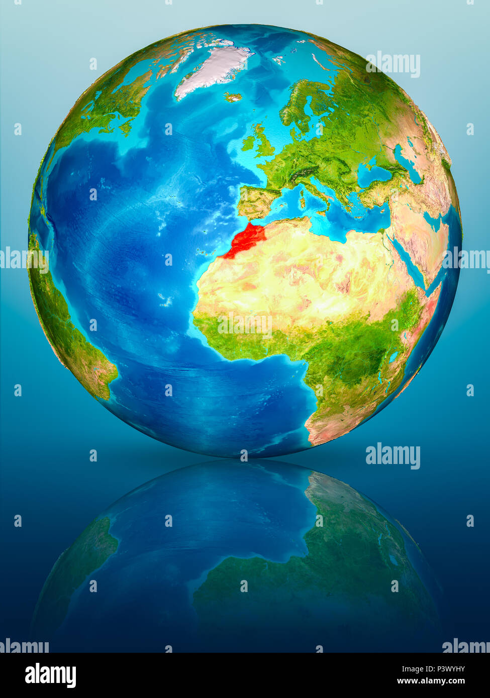 Morocco in red on model of planet Earth on reflective blue surface. 3D ...