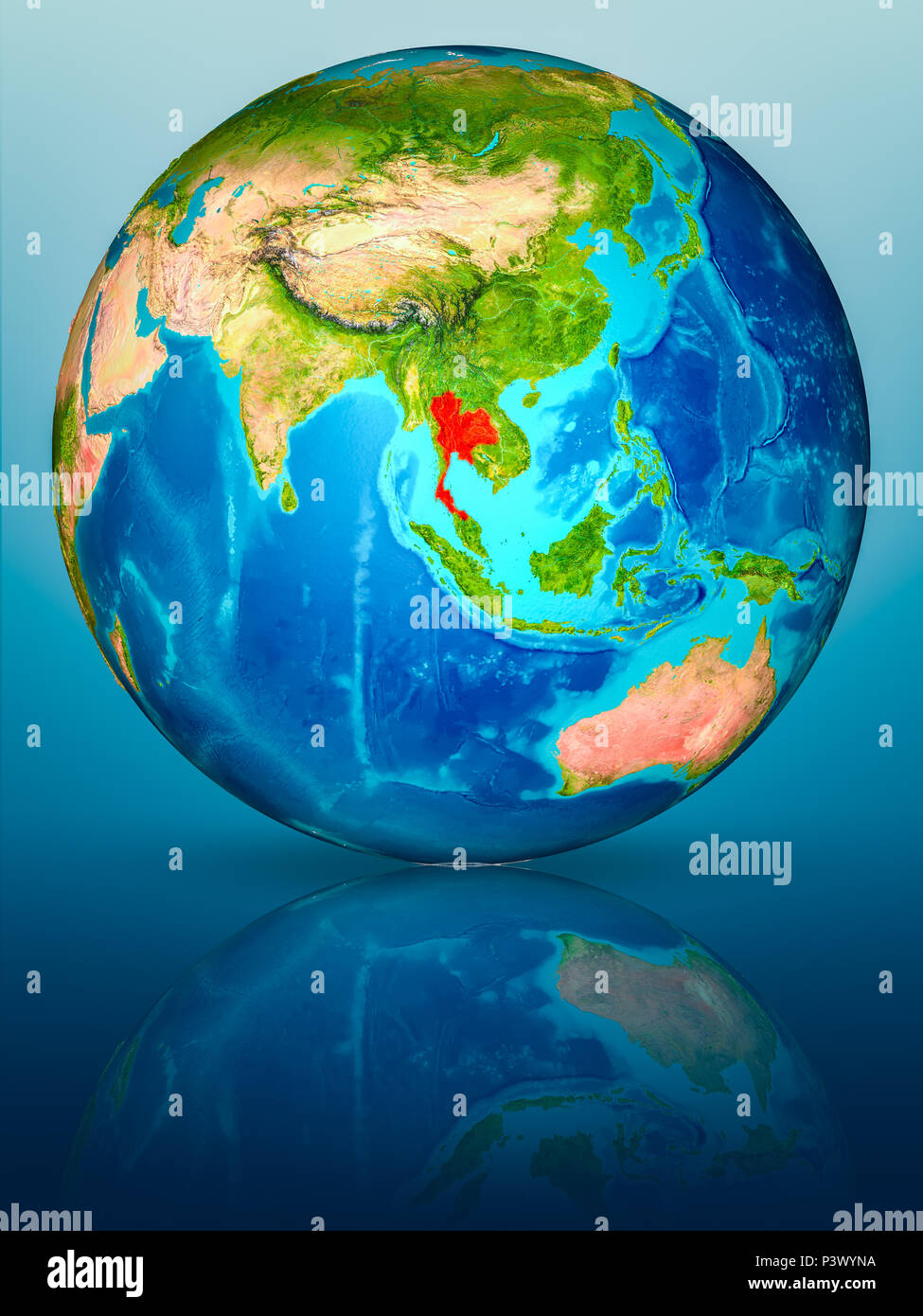 Thailand in red on model of planet Earth on reflective blue surface. 3D illustration. Elements ...