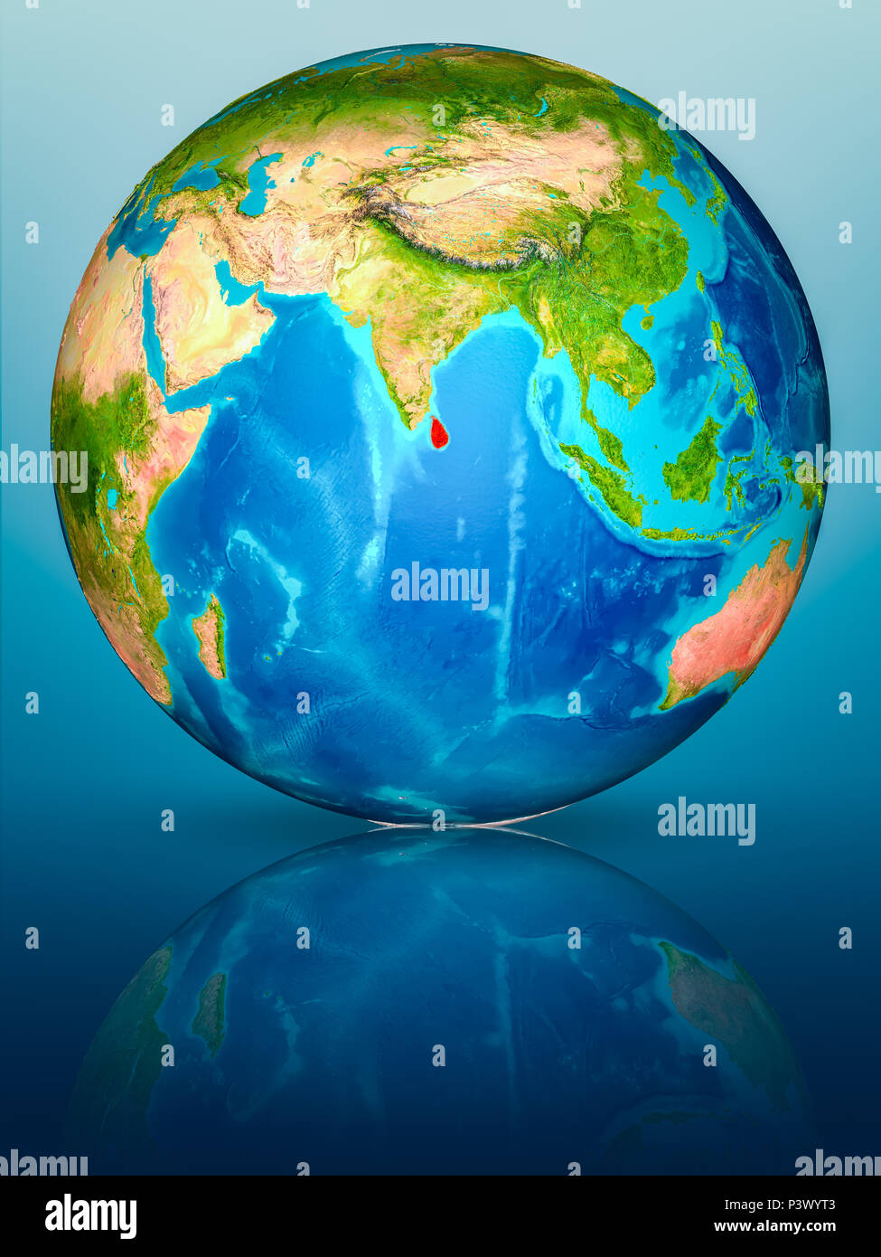 Sri Lanka in red on model of planet Earth on reflective blue surface. 3D illustration. Elements ...