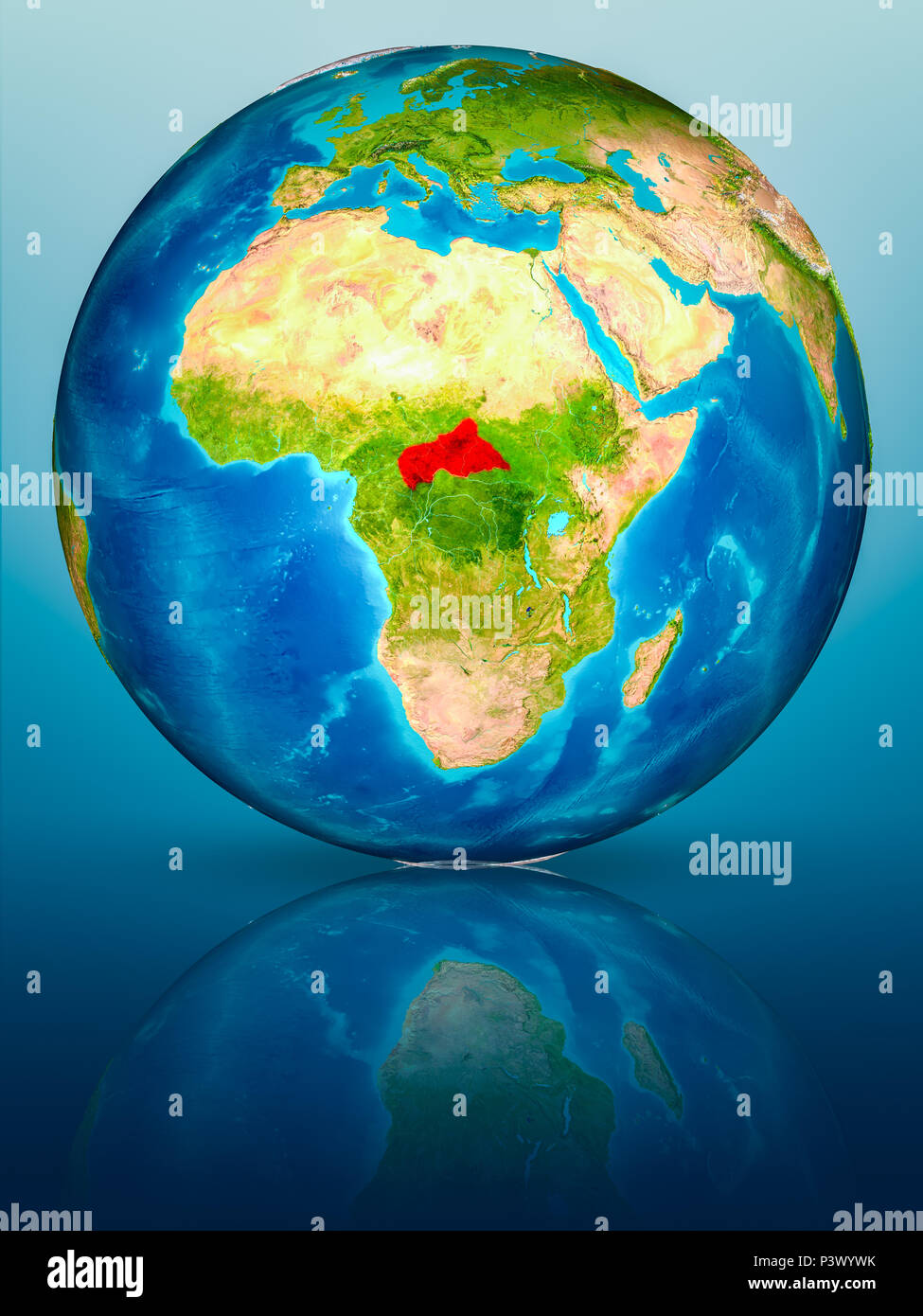 Central Africa in red on model of planet Earth on reflective blue surface. 3D illustration ...