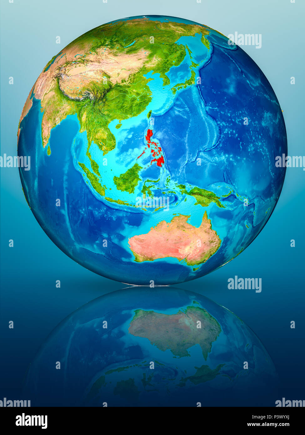 Philippines in red on model of planet Earth on reflective blue surface. 3D illustration ...
