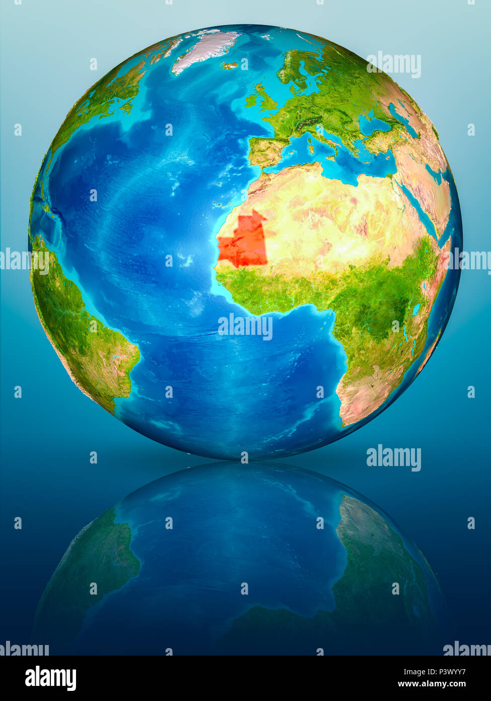 Mauritania in red on model of planet Earth on reflective blue surface ...