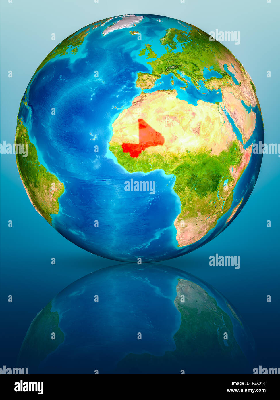 Mali in red on model of planet Earth on reflective blue surface. 3D illustration. Elements of ...