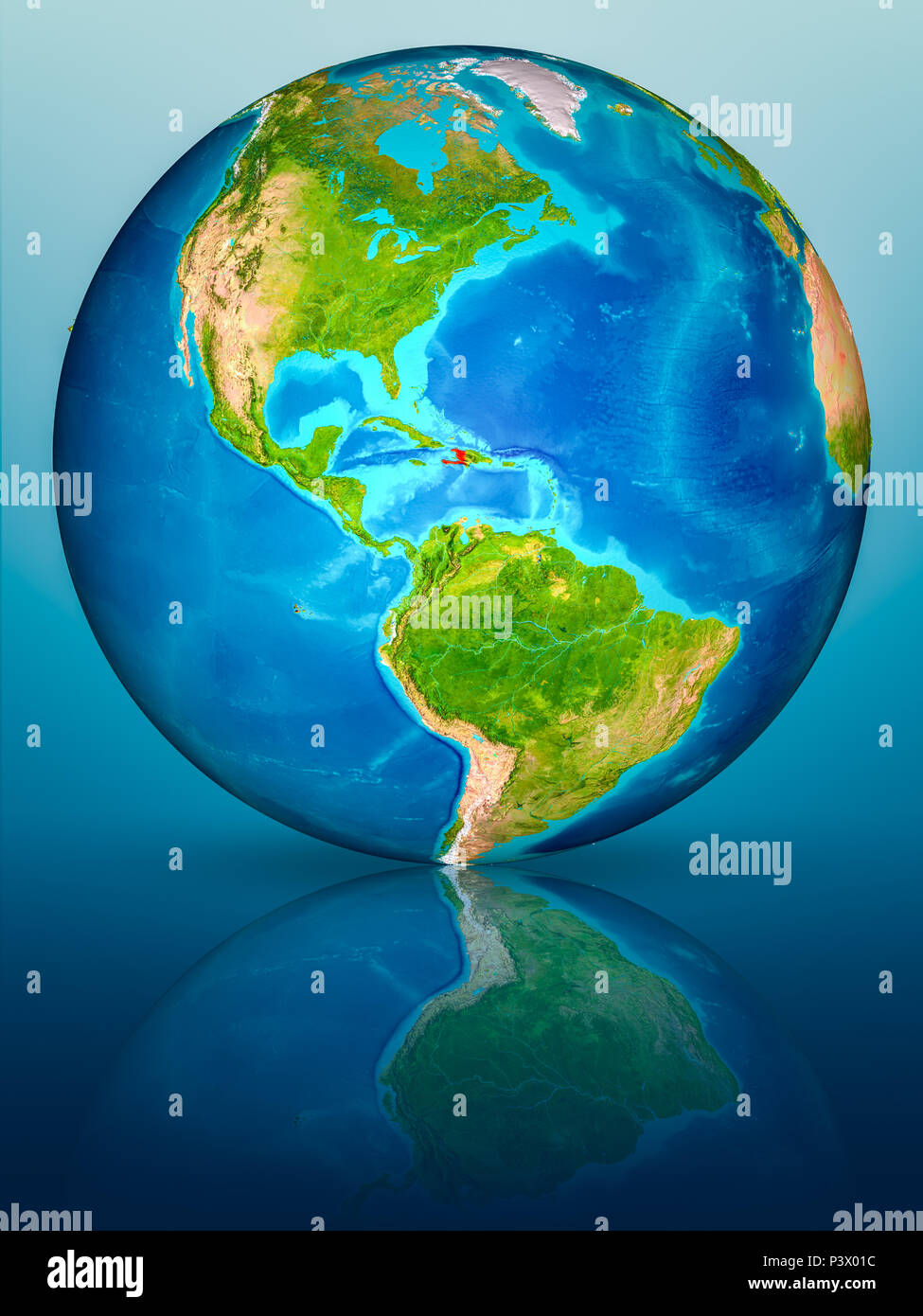 Haiti in red on model of planet Earth on reflective blue surface. 3D ...