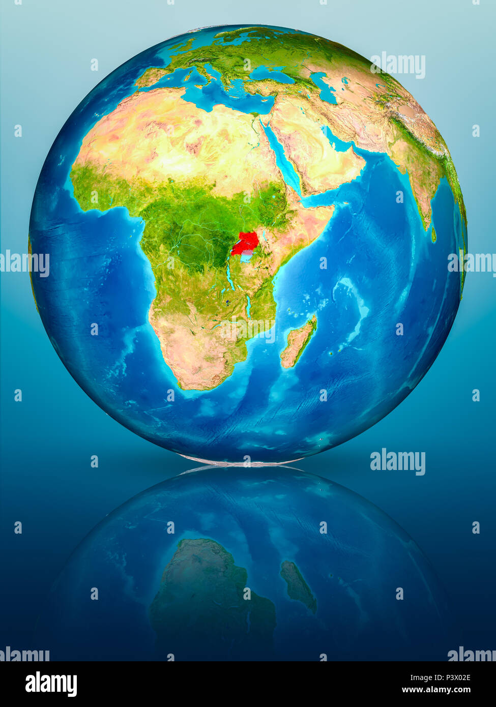 Uganda in red on model of planet Earth on reflective blue surface. 3D ...