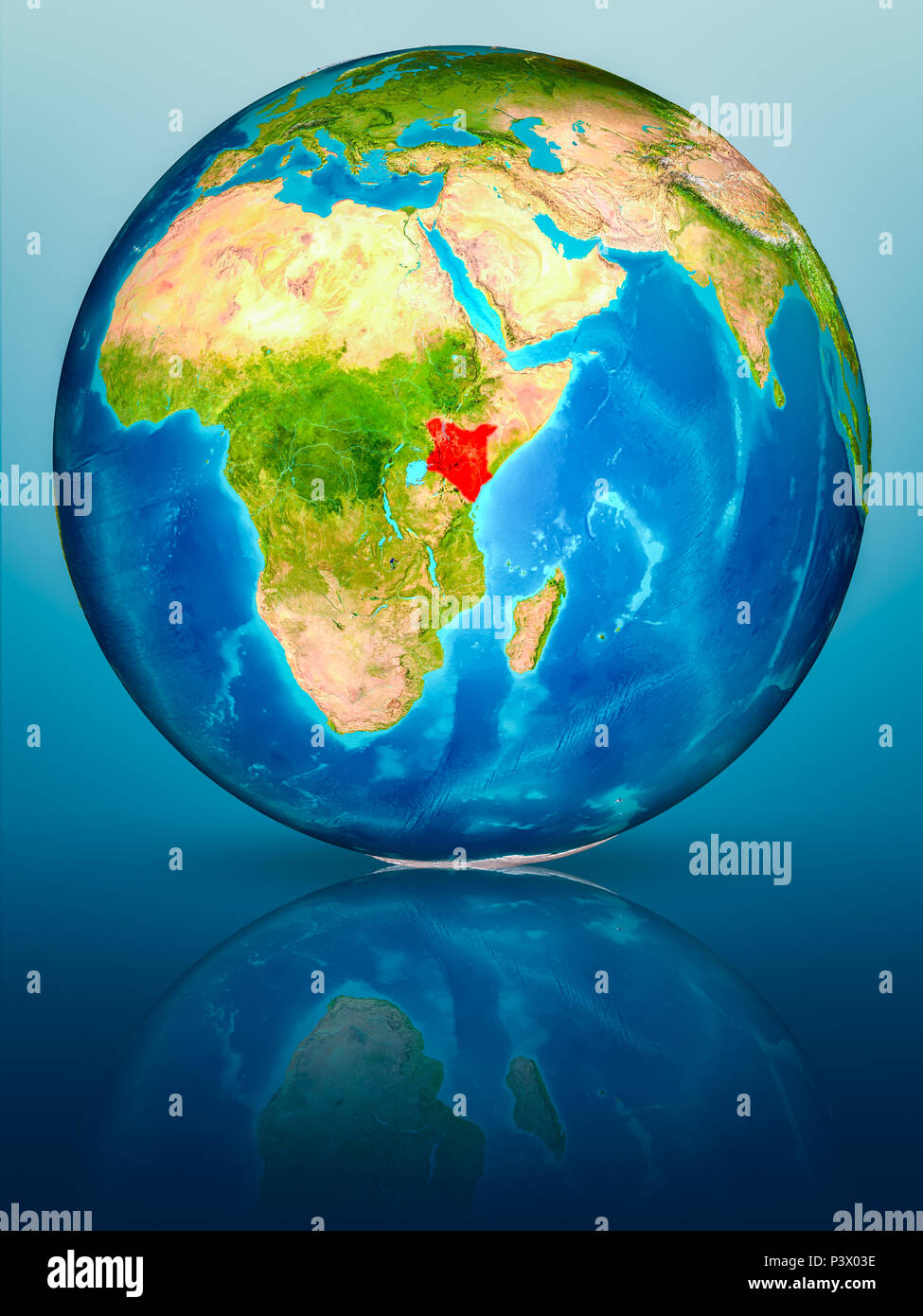 Kenya in red on model of planet Earth on reflective blue surface. 3D ...