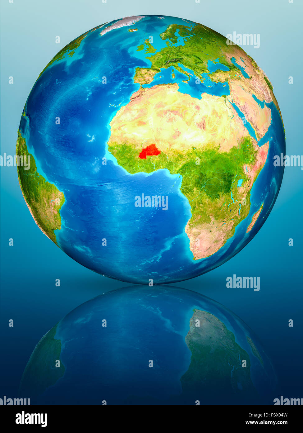 Burkina Faso in red on model of planet Earth on reflective blue surface. 3D illustration ...
