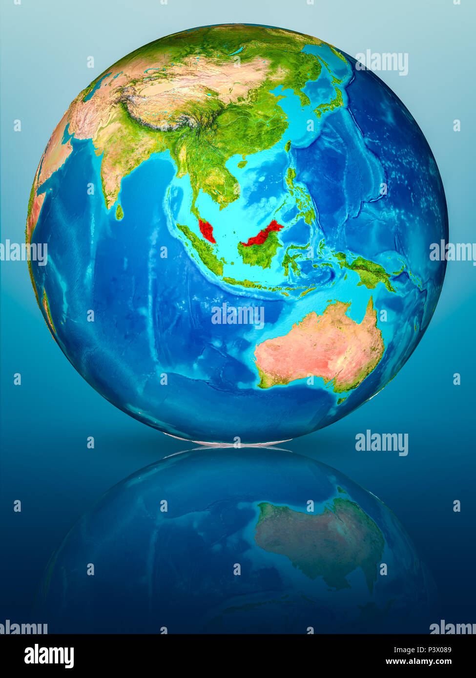 Malaysia in red on model of planet Earth on reflective blue surface. 3D ...