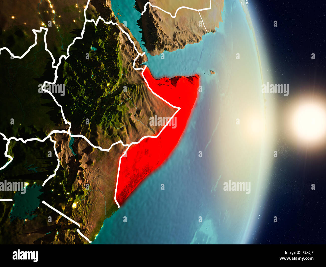 Somalia during sunrise highlighted in red on planet Earth with visible ...