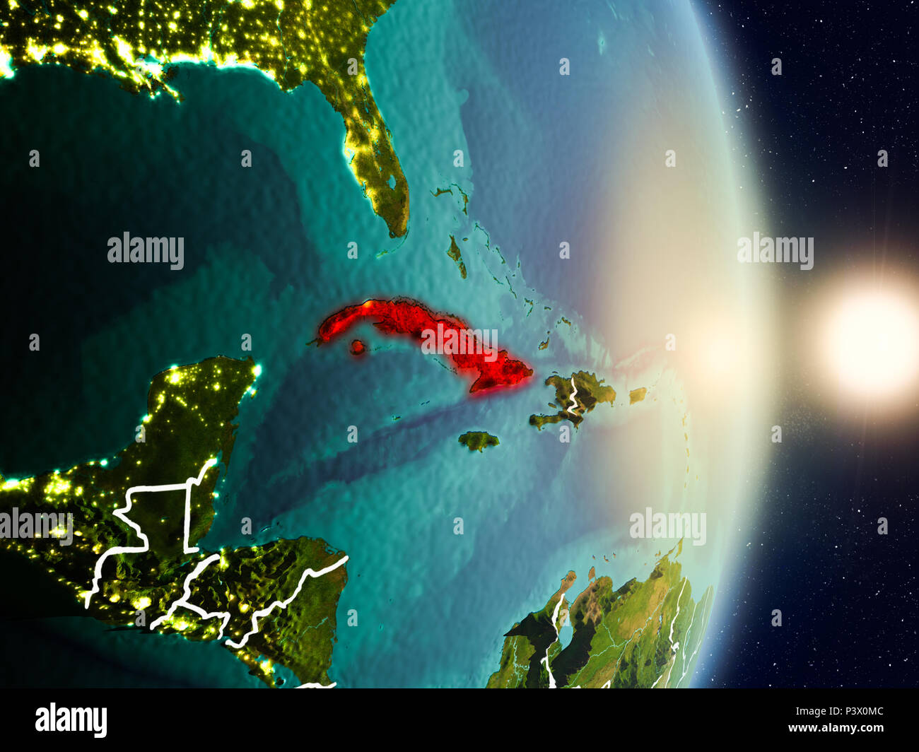 Cuba during sunrise highlighted in red on planet Earth with visible ...