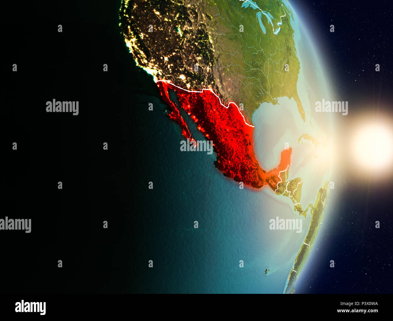 Mexico during sunrise highlighted in red on planet Earth with visible ...