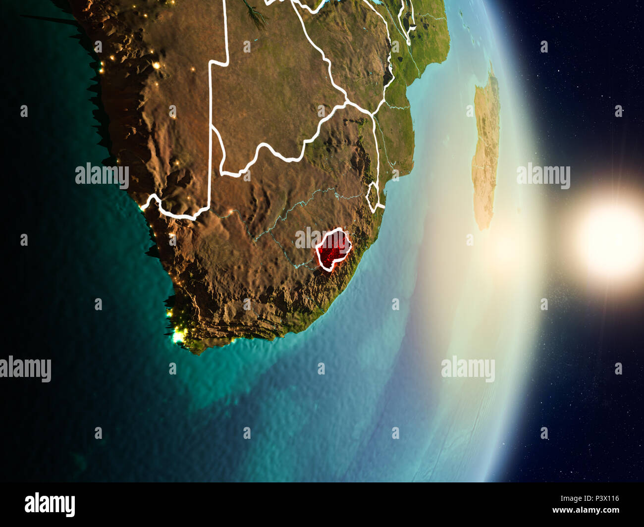 Lesotho during sunrise highlighted in red on planet Earth with visible ...