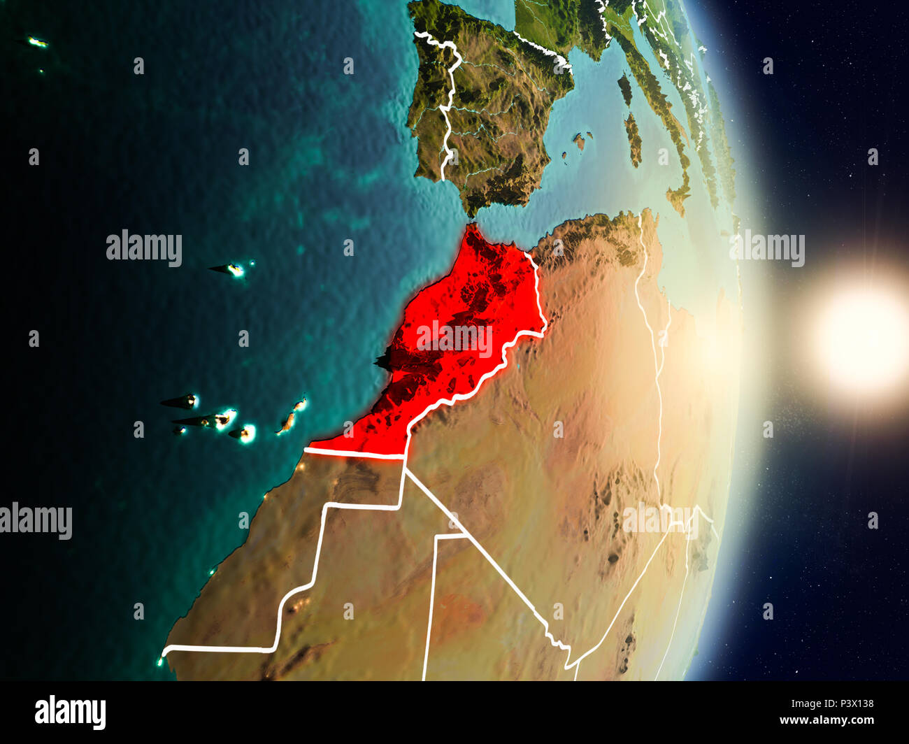 Morocco during sunrise highlighted in red on planet Earth with visible ...