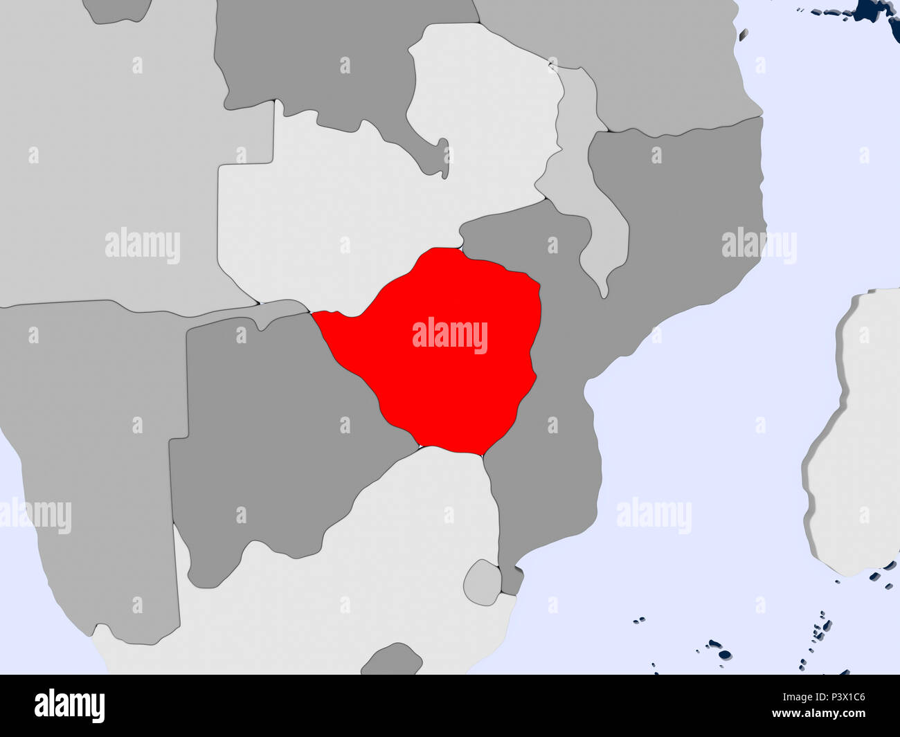 Zimbabwe in red on political map with transparent oceans. 3D ...