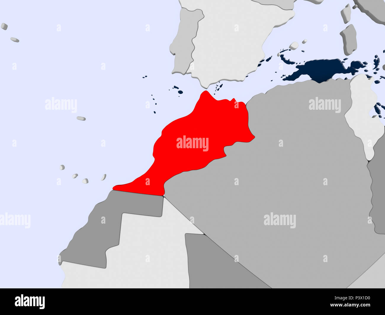 Morocco in red on political map with transparent oceans. 3D ...