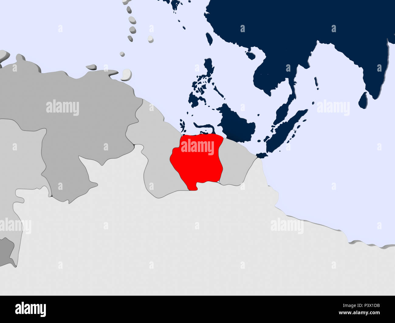 Suriname in red on political map with transparent oceans. 3D ...