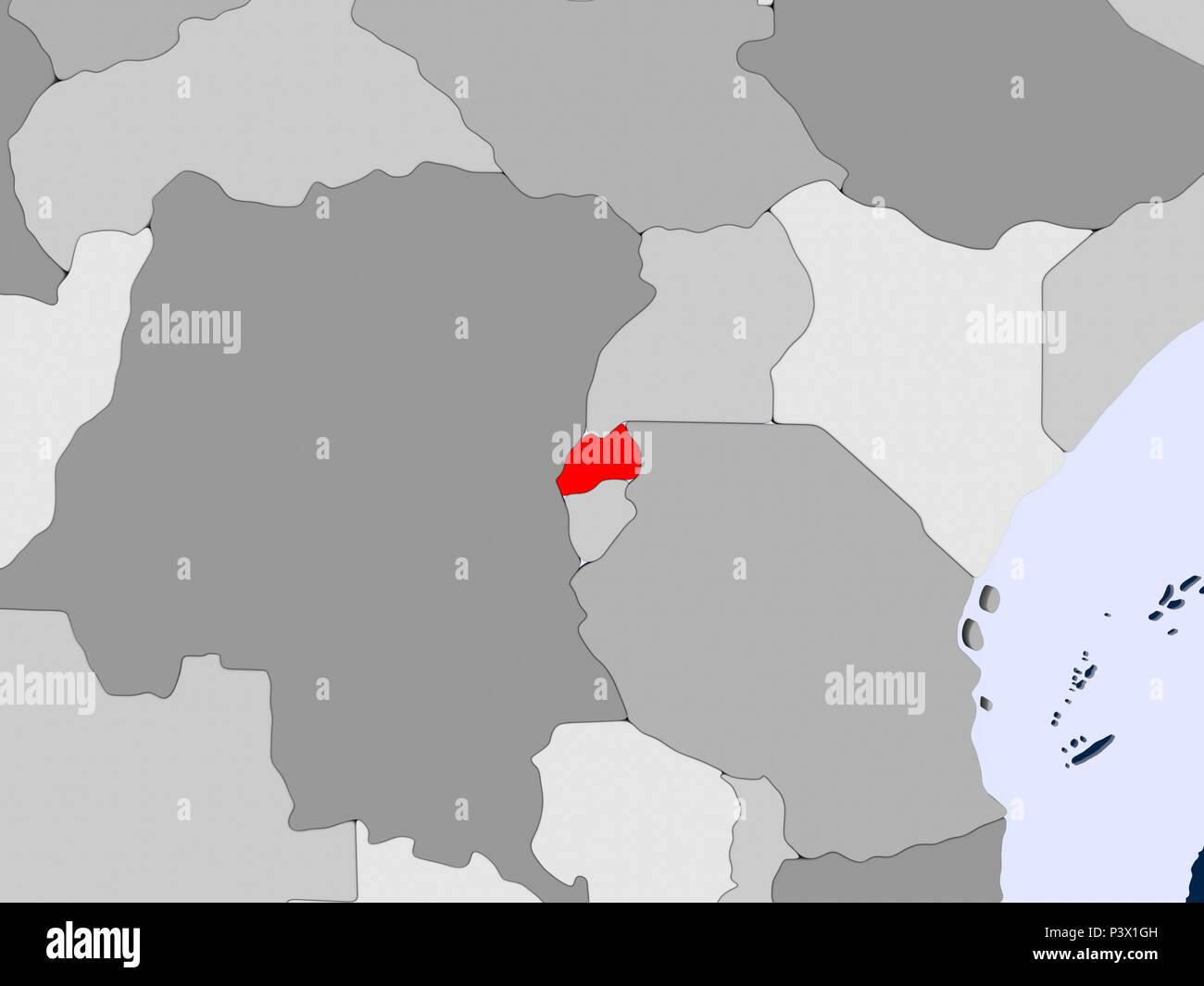 Rwanda in red on political map with transparent oceans. 3D illustration ...
