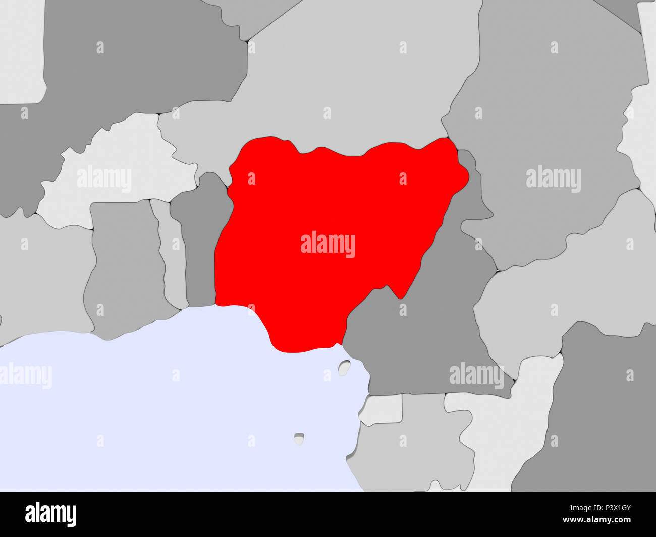 Nigeria in red on political map with transparent oceans. 3D ...