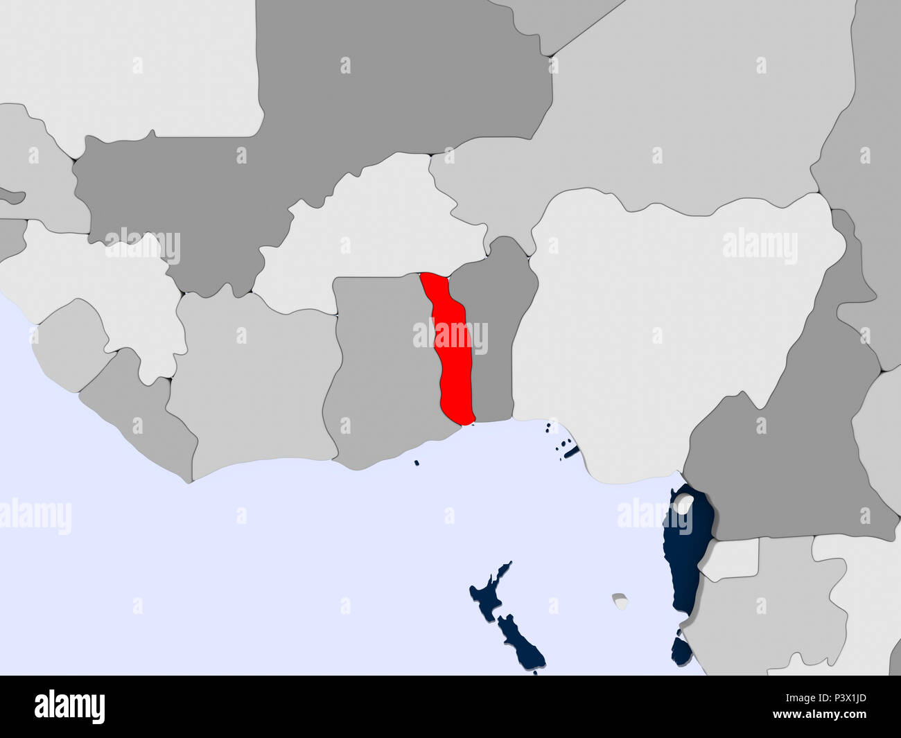 Togo in red on political map with transparent oceans. 3D illustration ...