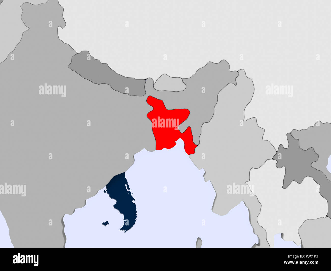 Bangladesh in red on political map with transparent oceans. 3D ...