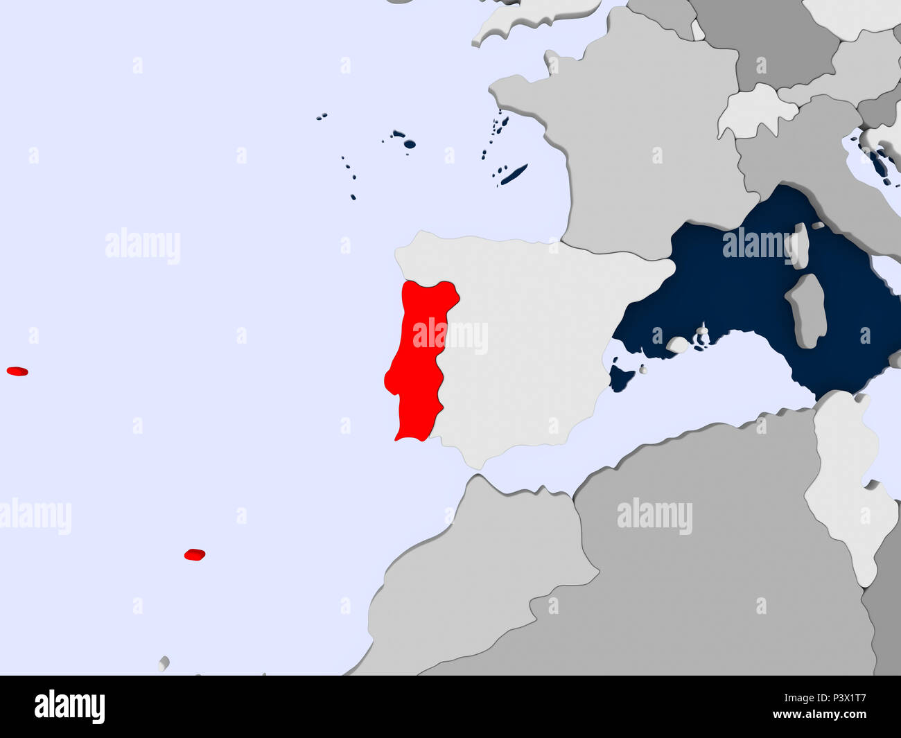 Portugal in red on political map with transparent oceans. 3D ...