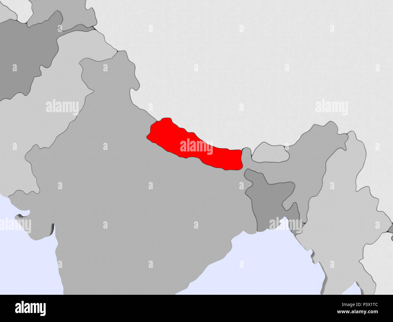 Nepal in red on political map with transparent oceans. 3D illustration ...
