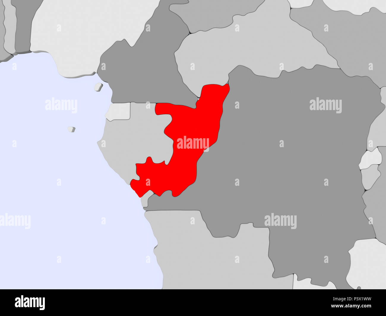 Congo in red on political map with transparent oceans. 3D illustration ...