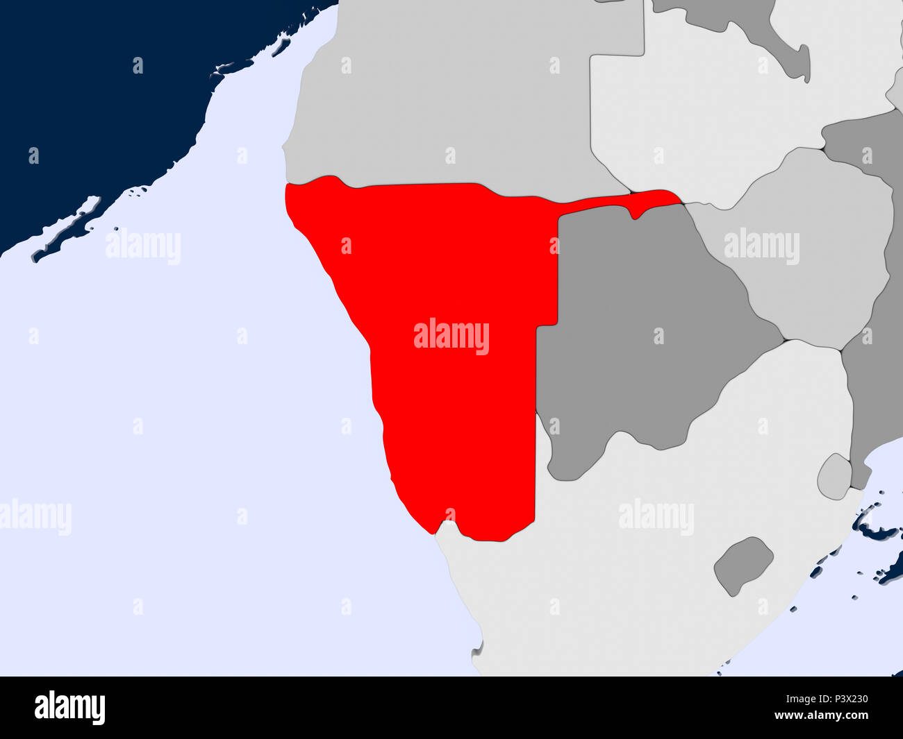 Namibia in red on political map with transparent oceans. 3D ...