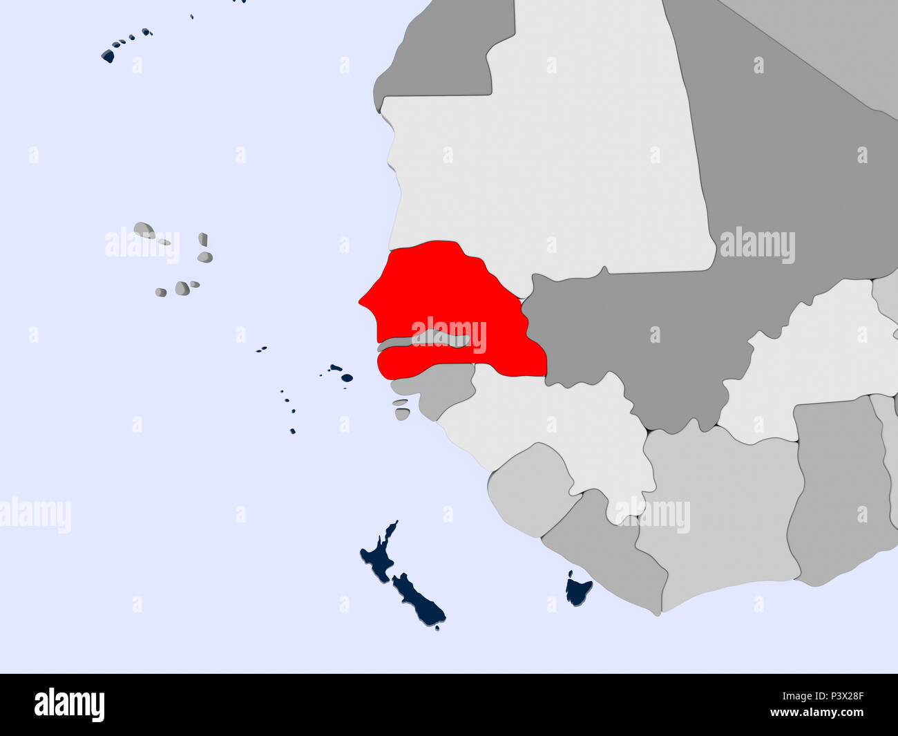 Senegal in red on political map with transparent oceans. 3D ...