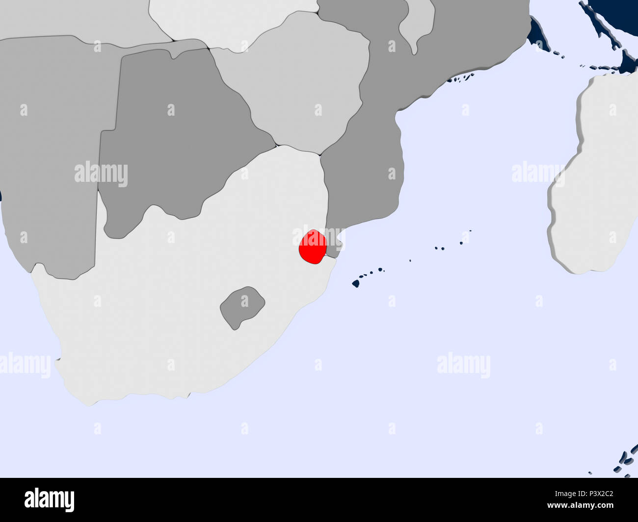 Swaziland in red on political map with transparent oceans. 3D ...