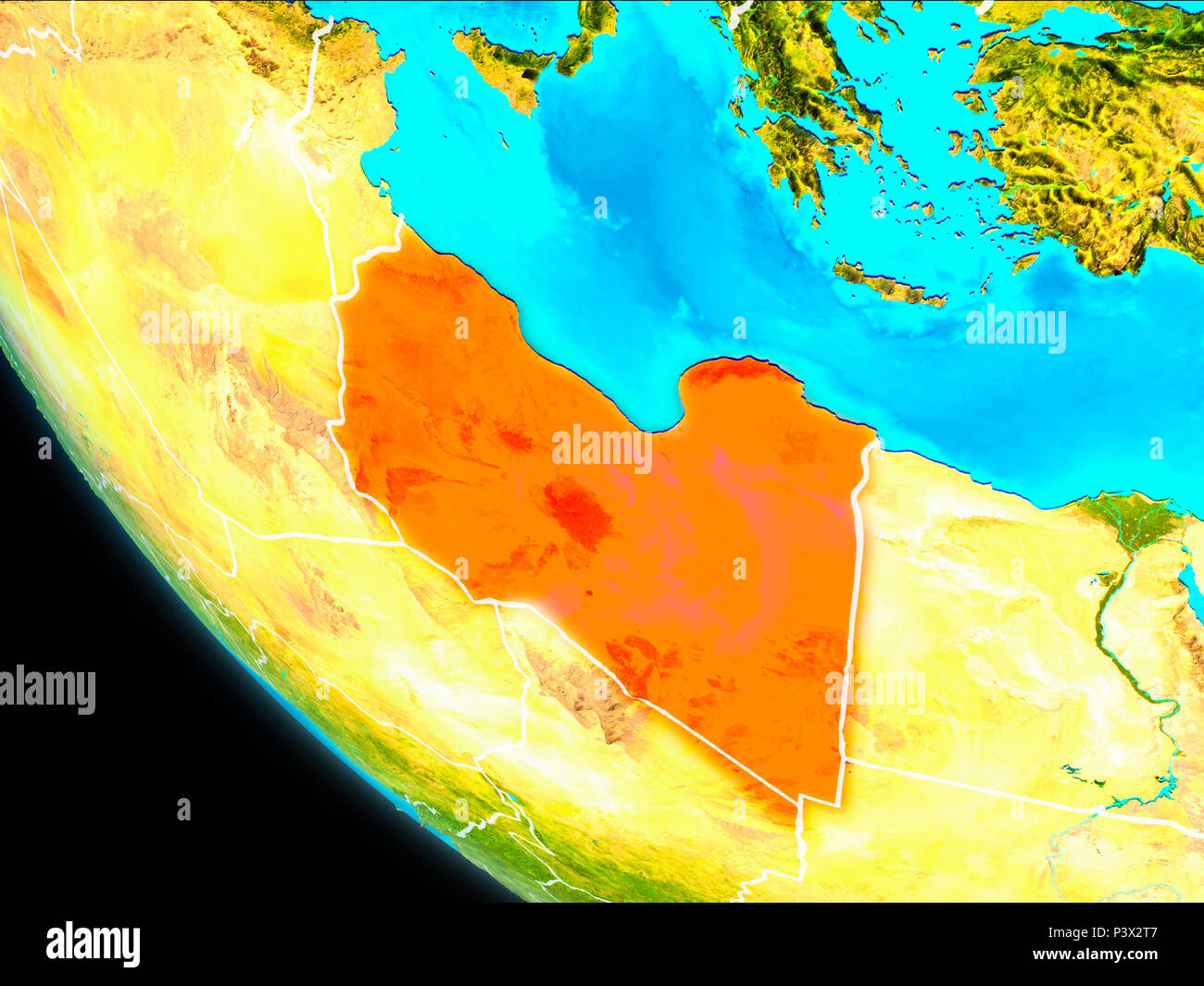 Libya highlighted in red on planet Earth with visible borders. 3D ...