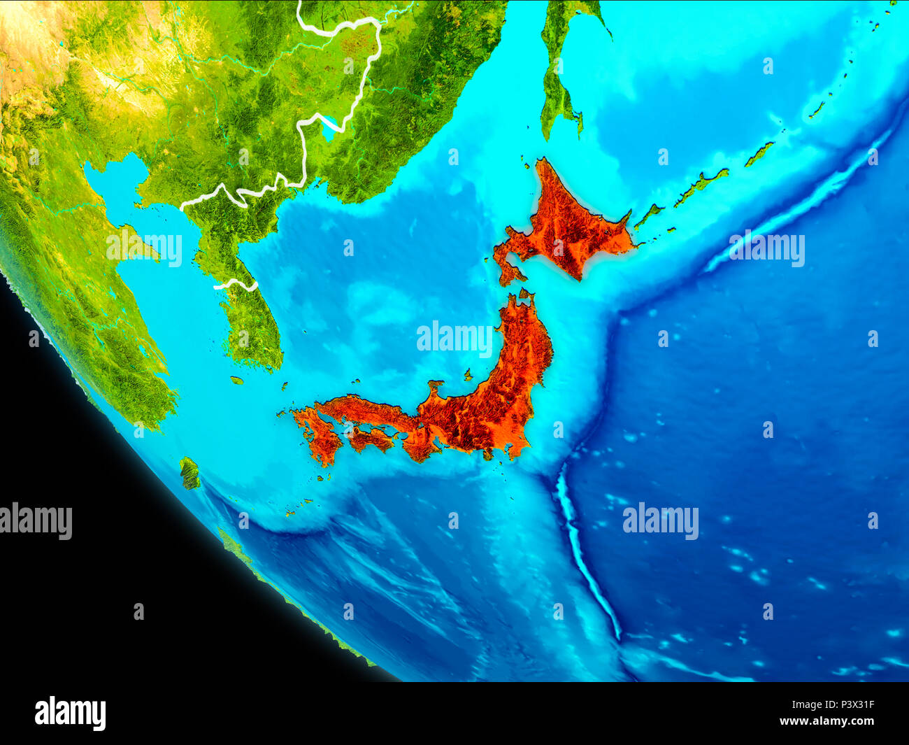 Japan highlighted in red on planet Earth with visible borders. 3D ...